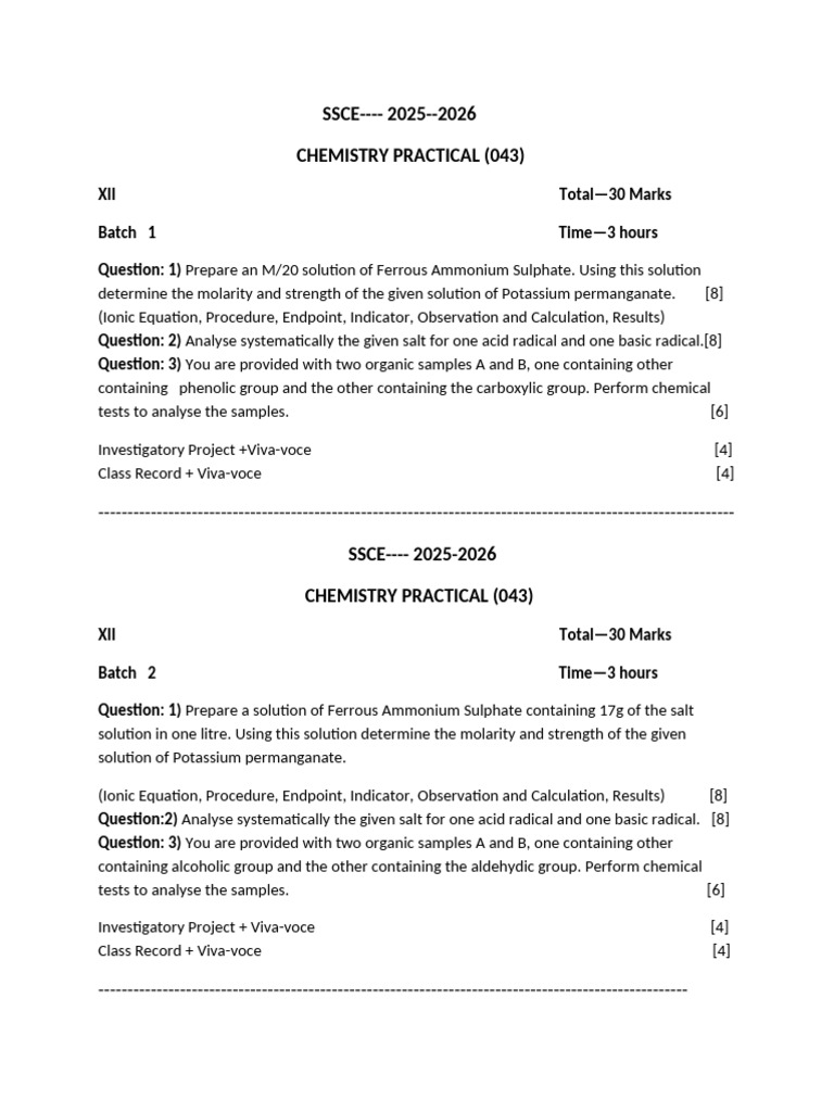 SSCE Practical Question Paper 2025 - 26 | PDF | Salt (Chemistry) | Acid