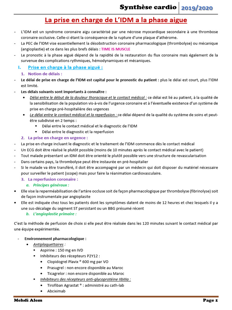 IDM - PEC à la phase aigue | PDF | Infarctus du myocarde | Médecine