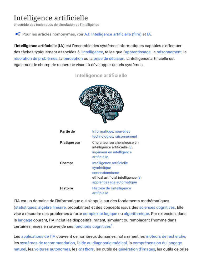 Intelligence Artificielle - Wikipédia | PDF | Intelligence artificielle ...