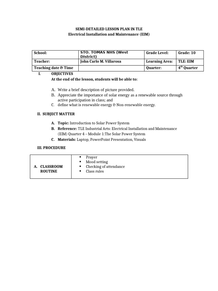 TLE EIM Solar Power 5 Day Lesson Plan | PDF | Renewable Energy | Lesson ...