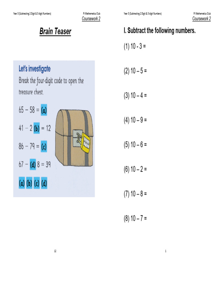 Subtracting 3 Digit Numbers Cw2 | PDF | Mathematics