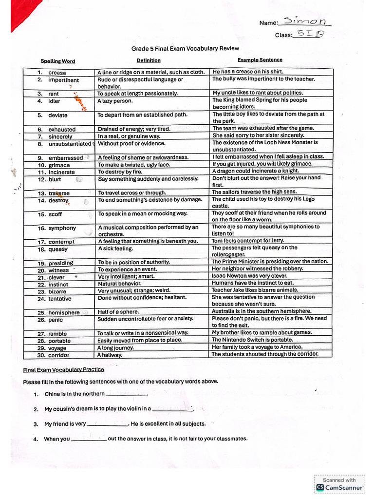 Grade 5 Final Exam Vocabulary Review | PDF