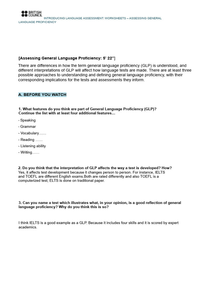 assessing General Language Proficiency Worksheet | PDF | International ...