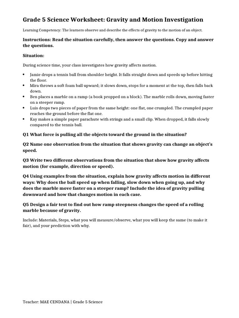 Grade5 Gravity Worksheet | PDF