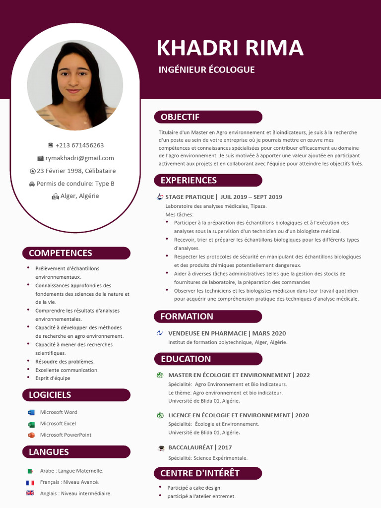 CV Pro FR - Khadri Rima | PDF | Environnement naturel | Science