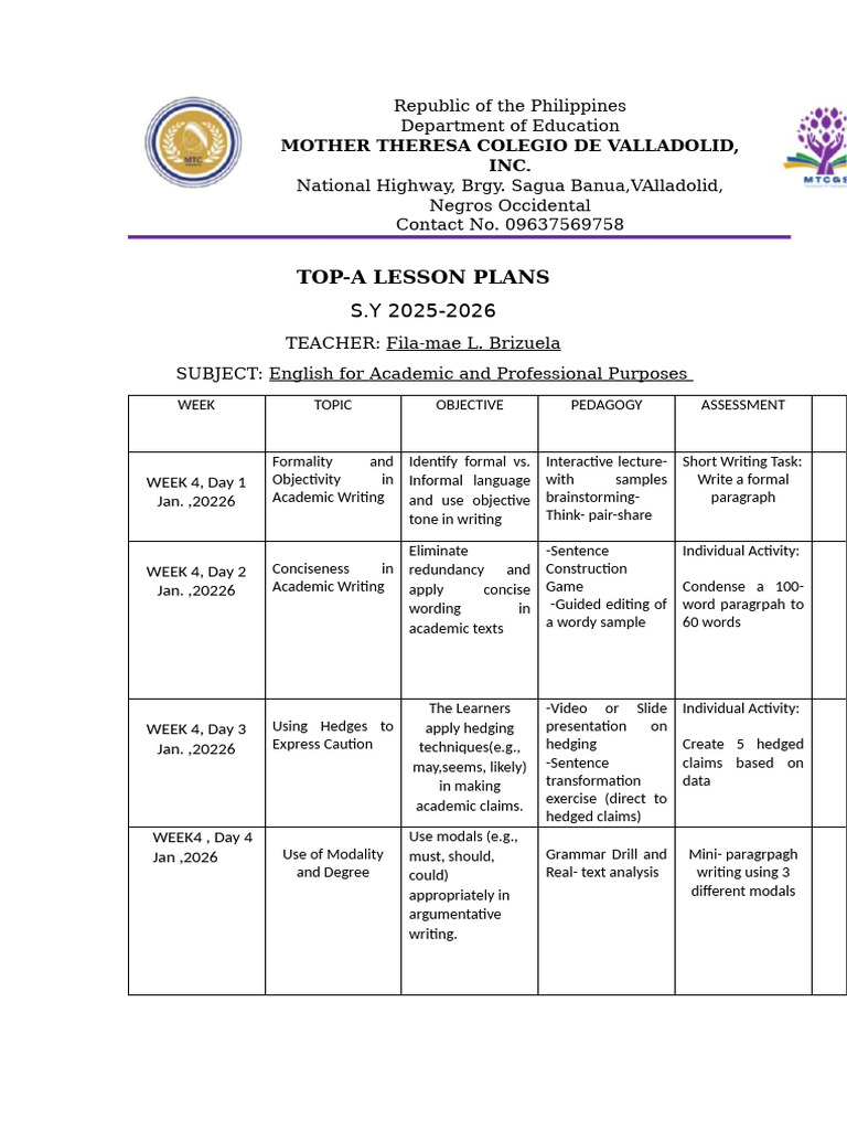 Week 4 Jan. 2026 Top A Lesson Plan English for Academic and ...