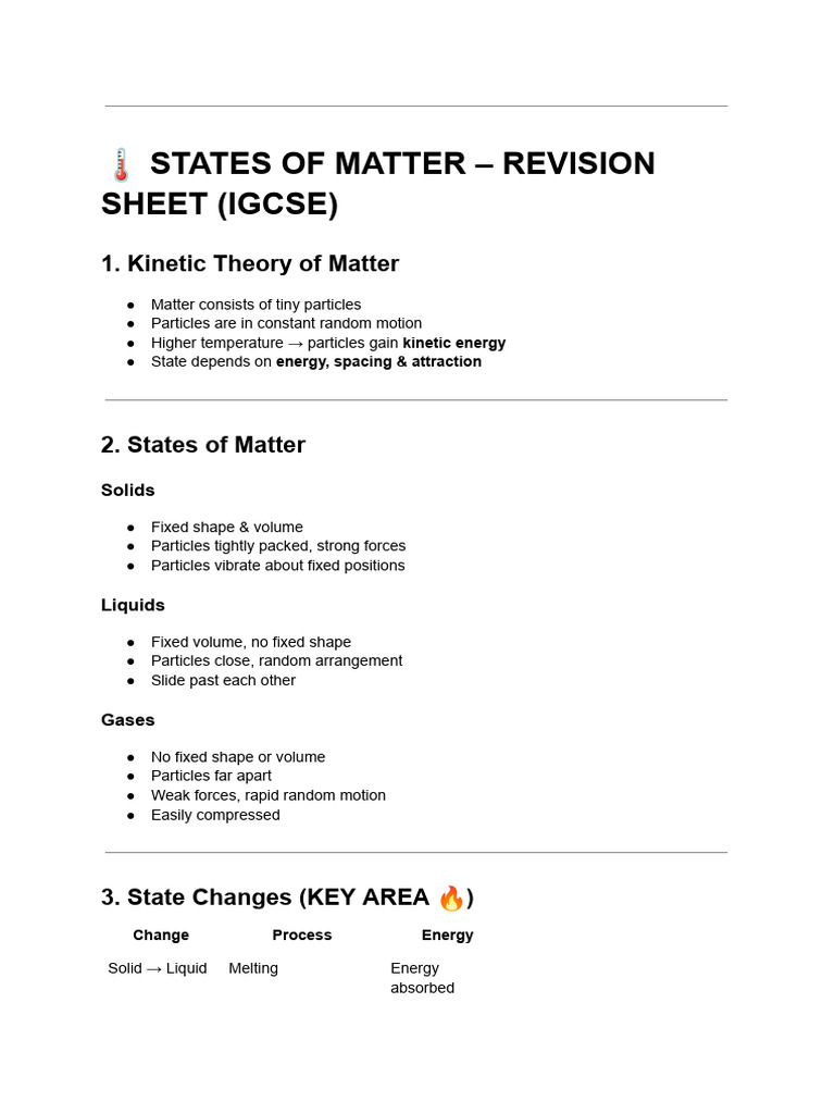 States of Matter - Revision Sheet (Igcse) and Important Questions With ...