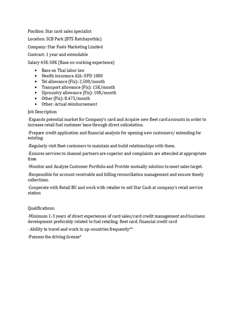 Job Scope - Star Card Sales Specialist 2024 | PDF
