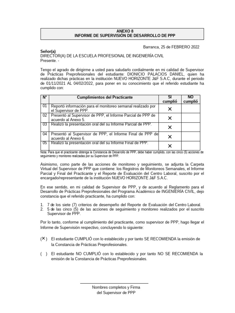 Anexo #08 Informe de Supervisión de Desarrollo de PPP | PDF