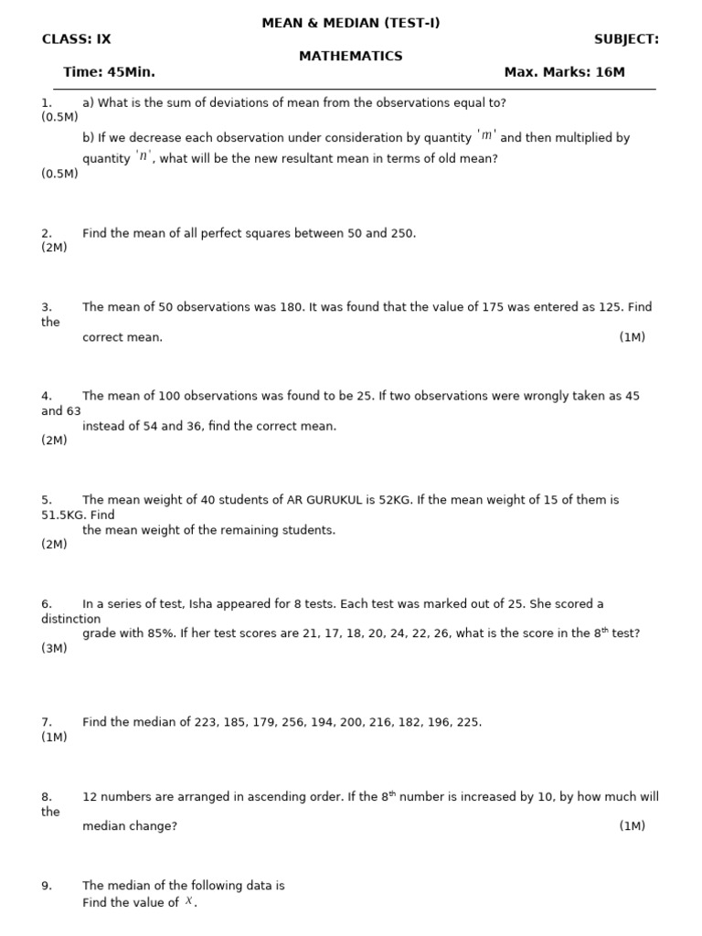 Ix-19-t01(Icse) - Mean & Median Test-i - Maths | PDF