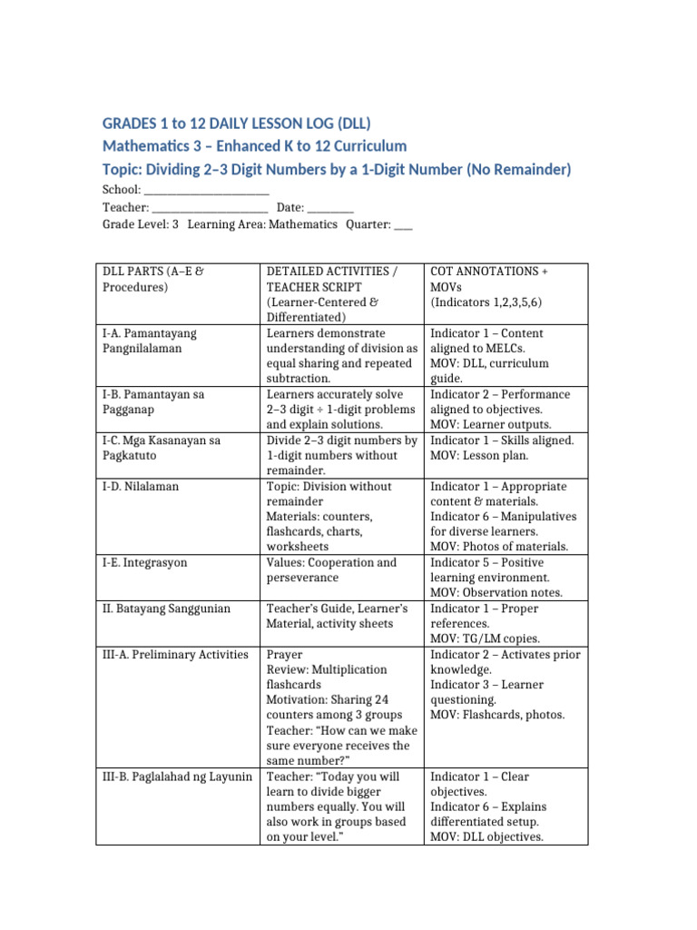 Grade3_DLL_Exact_DepEd_COT | PDF | Learning | Teachers
