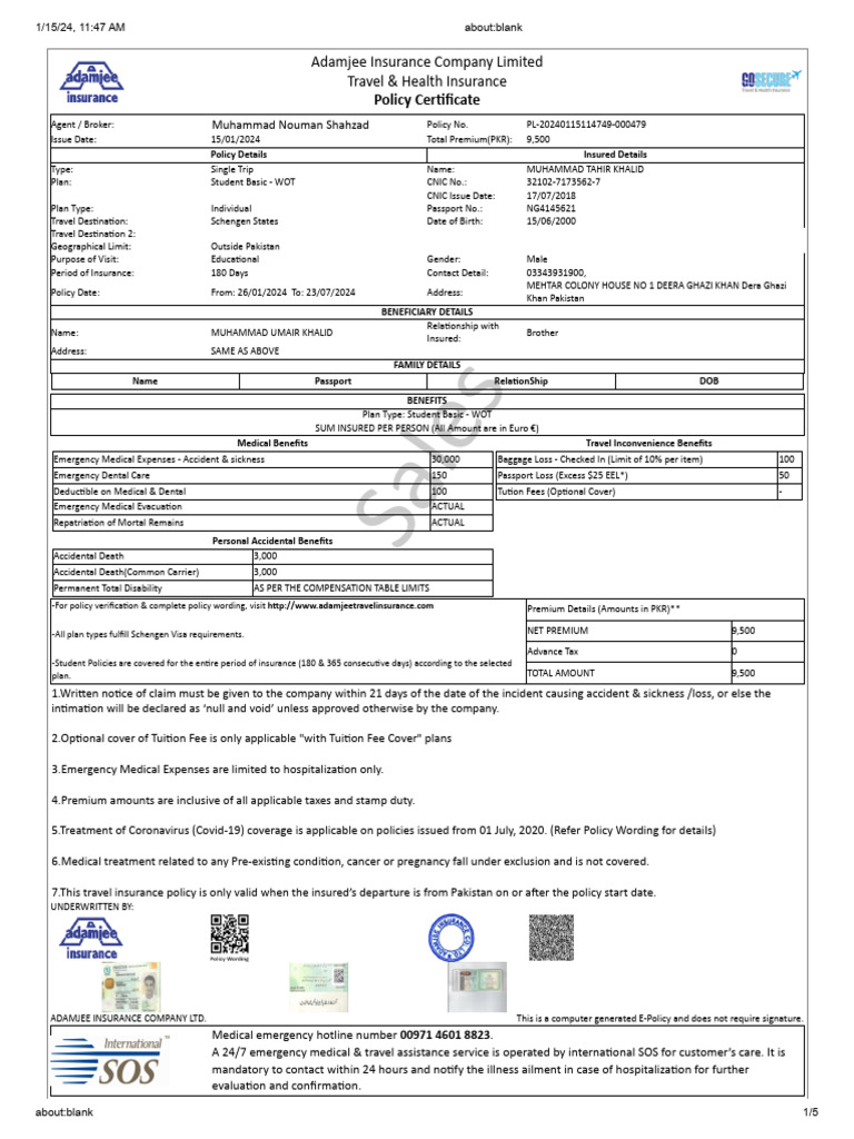 TRAVEL INSURANCE M TAHIR KHALID | PDF | Insurance | Financial Risk