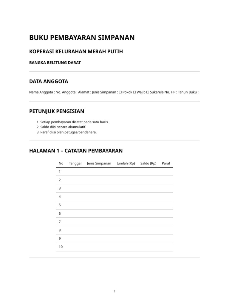 Template Buku Pembayaran Simpanan Koperasi Merah Putih | PDF