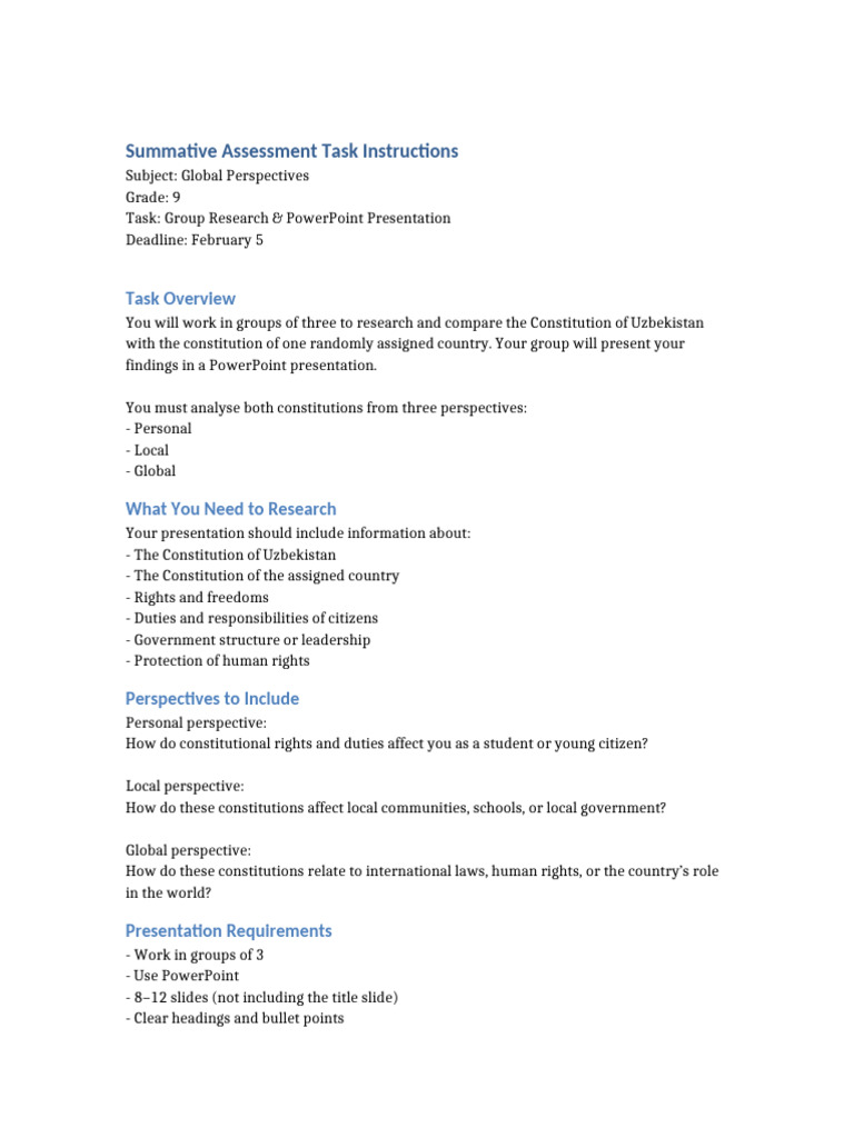 Grade 9 Summative Task Instructions Constitution Comparison 1 | PDF