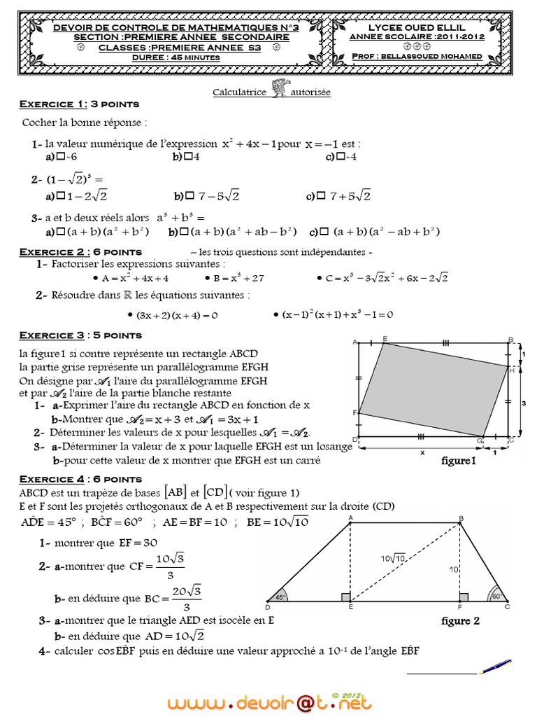 Devoir de Contrôle N°3 - Math - 1ère AS (2011-2012) MR BELLASSOUED ...