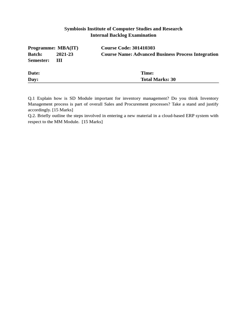 Question Paper Format Internal Backlog ABPI | PDF