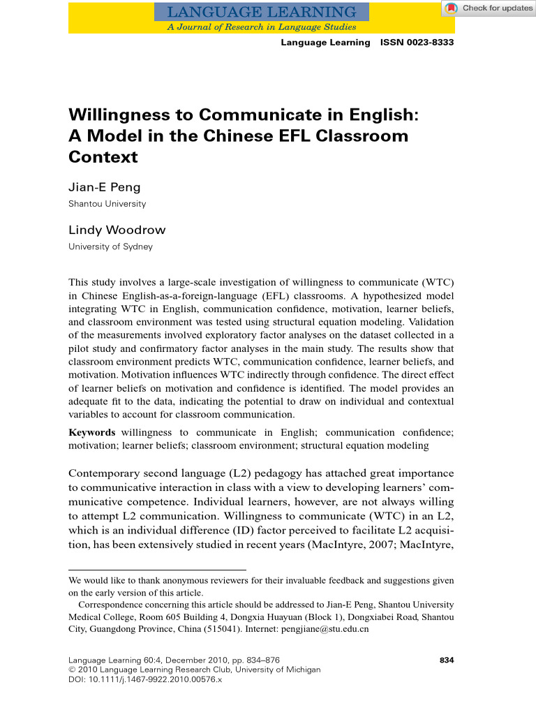 Language Learning - 2010 - Peng - Willingness to Communicate in English ...