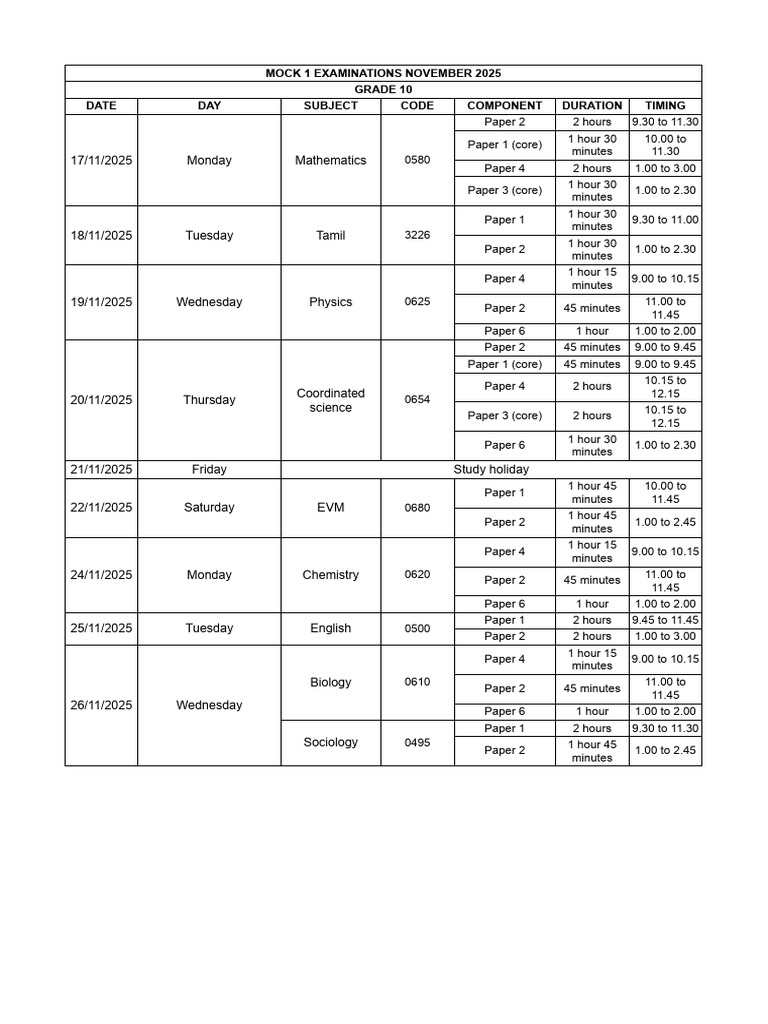 Grade 10 Mock 1 Exam Timetable_251106_214403 | PDF