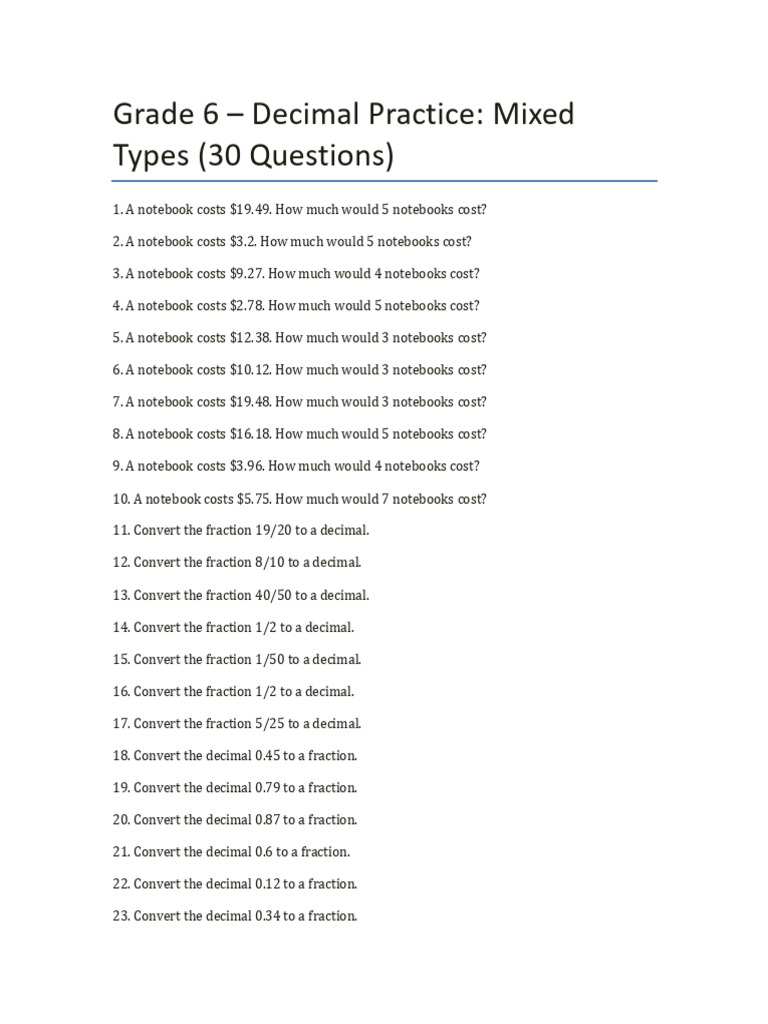 Grade 6 Decimals Practice | PDF