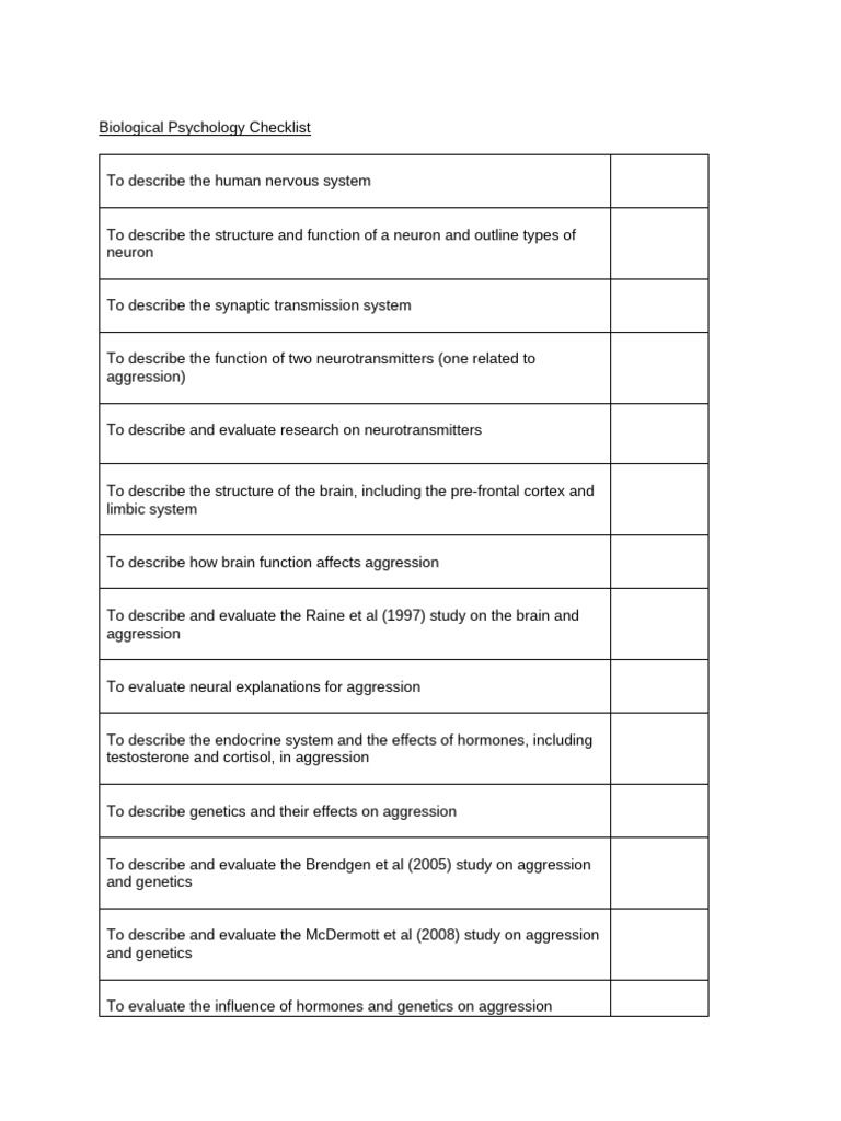 Biological Psychology Checklist | PDF