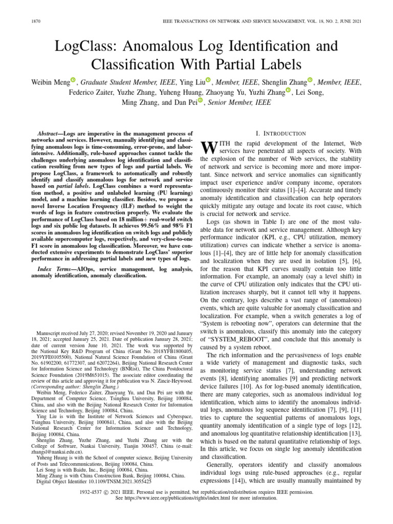 LogClass Anomalous Log Identification and Classification With Partial ...