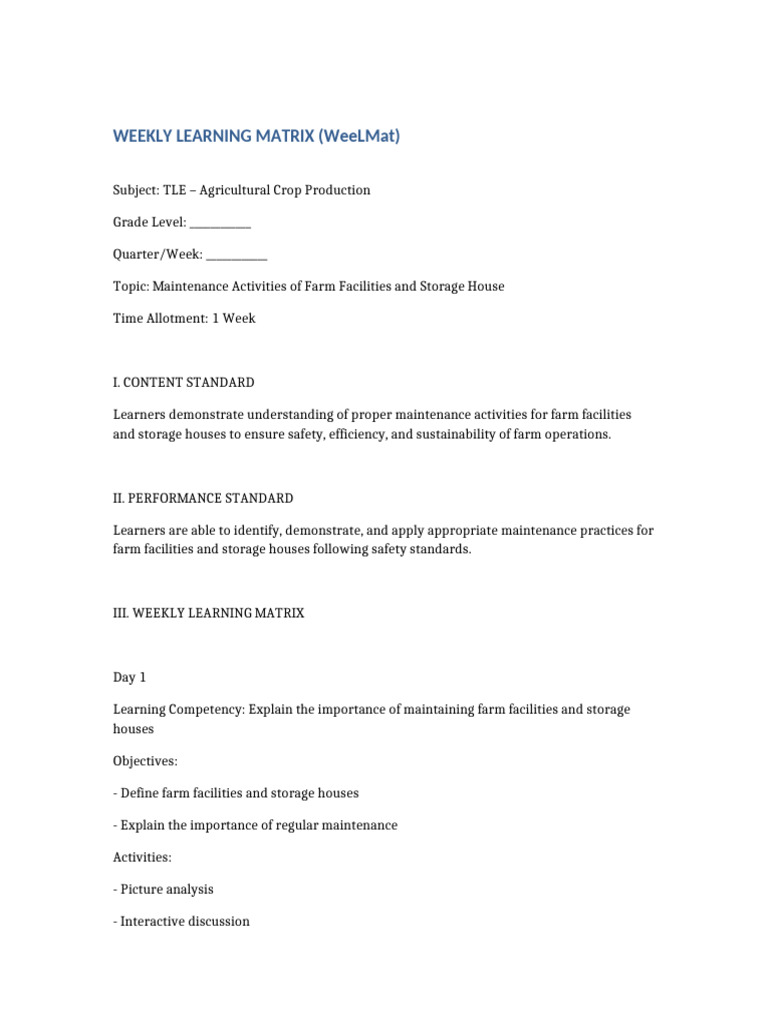 Weekly Learning Matrix Maintenance Farm Facilities | PDF
