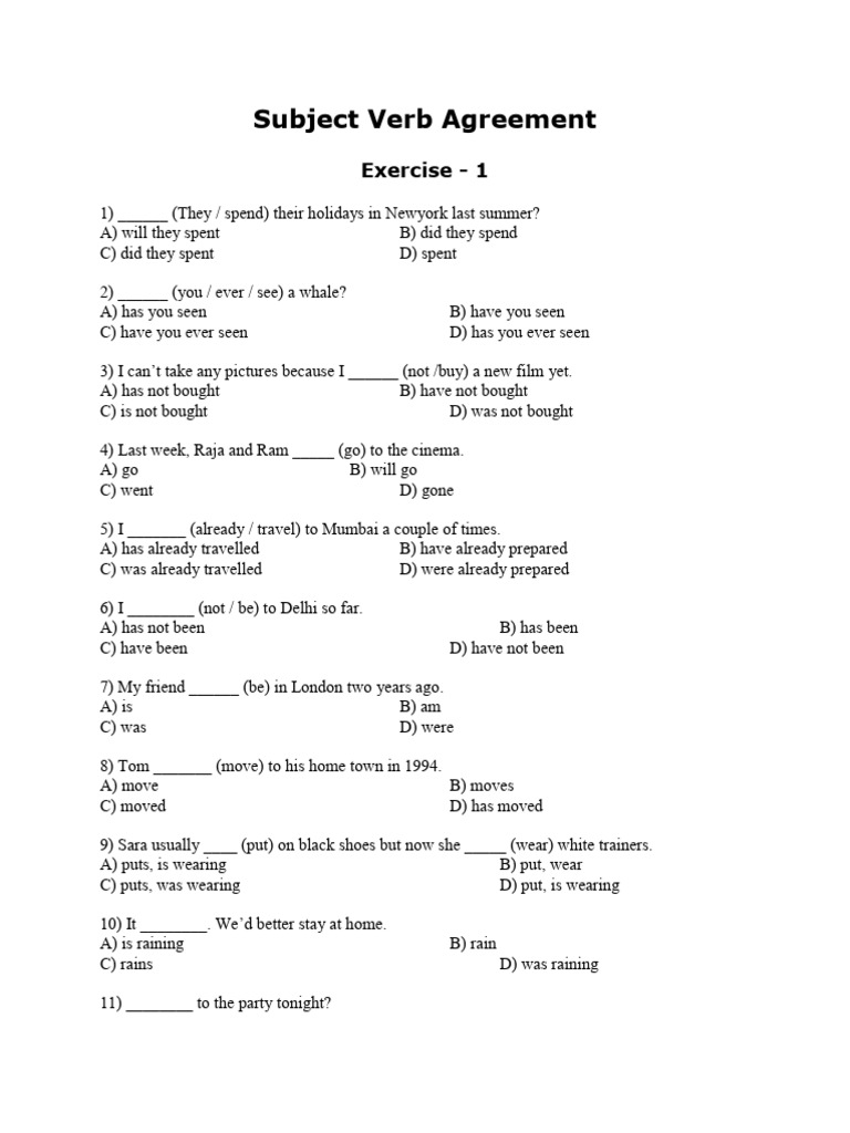Exercise on Subject - Verb Agreement | PDF