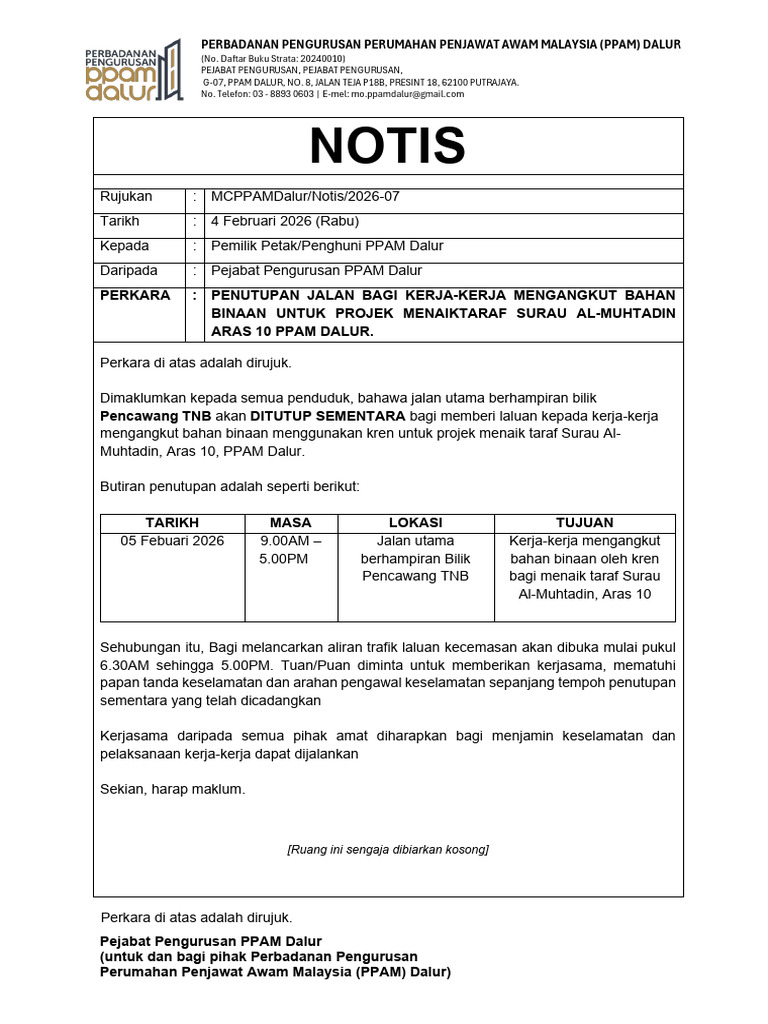 Notis Bil.2026 - 07 Penutupan Sementara Jalan Utama PPAM Dalur | PDF