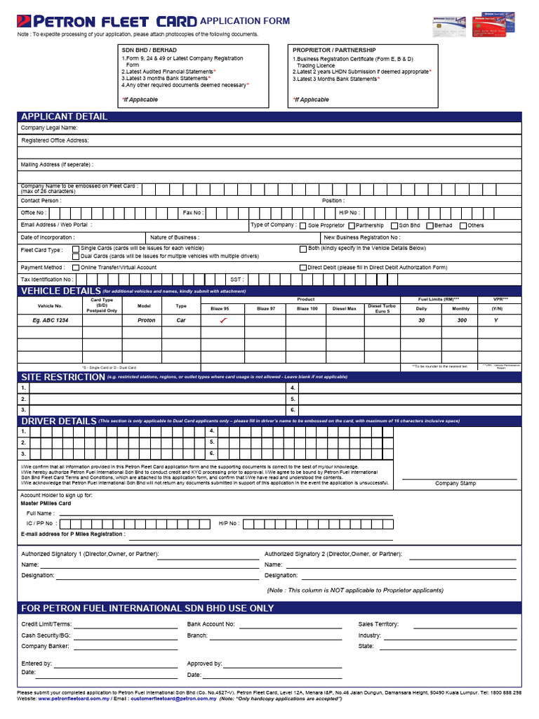 Petron Fleet Card Application Form | PDF | Credit Card | Payments