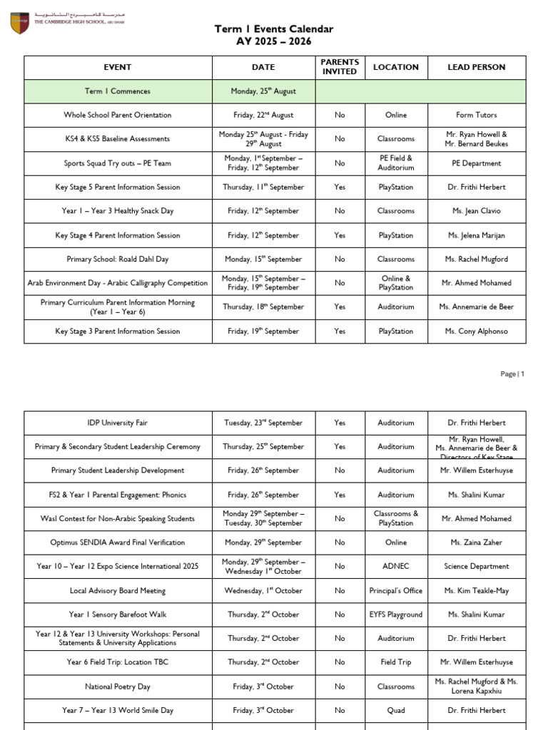 Term 1 Events Calendar AY 2025 - 2026 | PDF