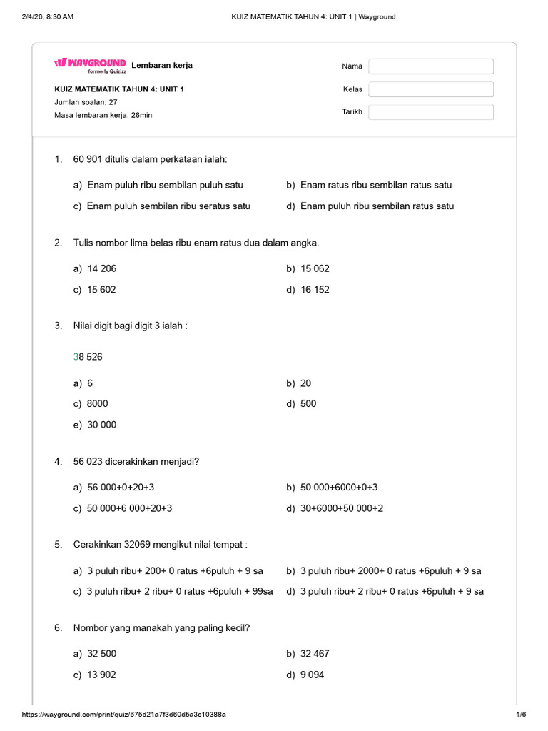 Kuiz Matematik Tahun 4 - Unit 1 - Wayground | PDF