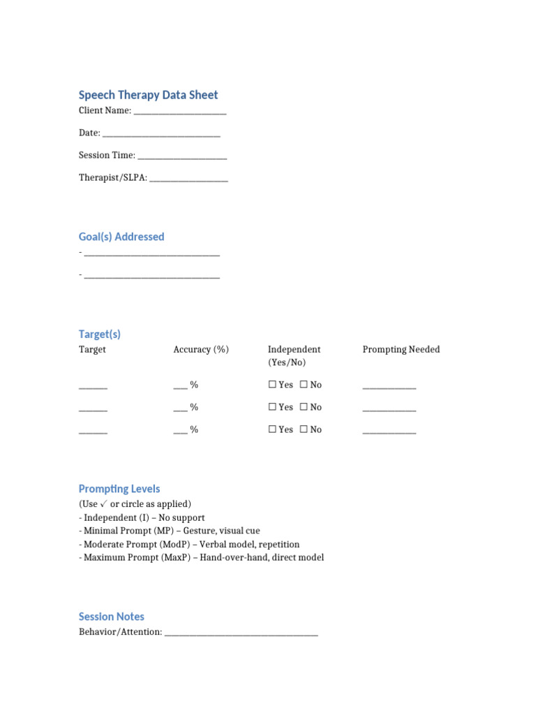 Speech Therapy Data Sheet | PDF