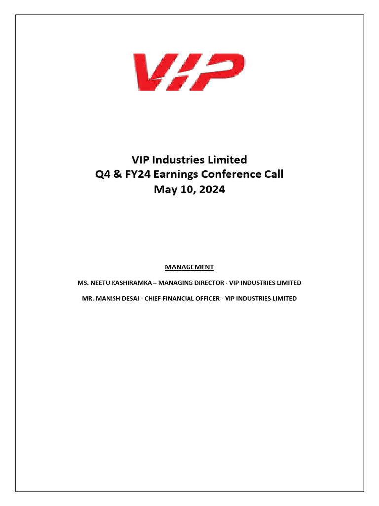VIP Industries Limited - Q4 & FY24 - Earnings Call Transcript | PDF ...