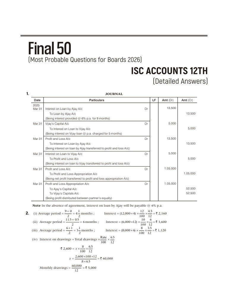 ISC Accounts 50 Imp. Ques. Sol | PDF | Bad Debt | Goodwill (Accounting)