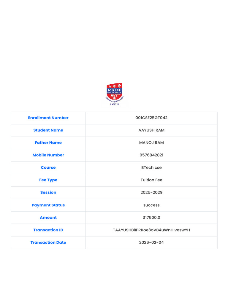 RKDF University Ranchi - Fee Receipt | PDF