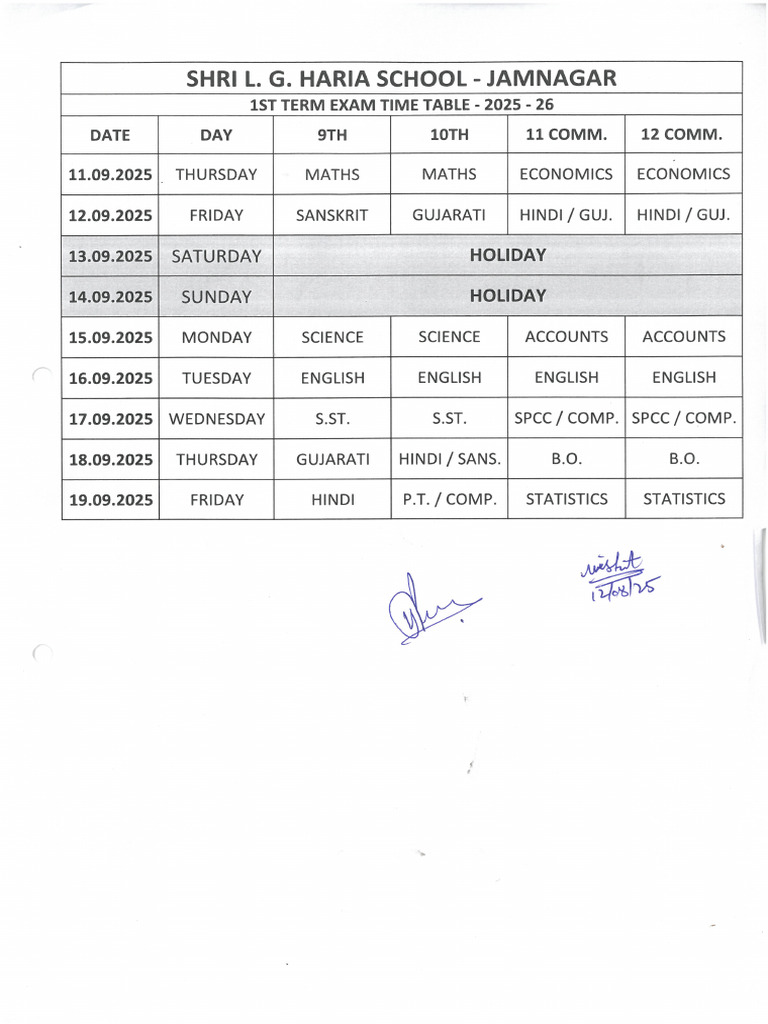 Term - 1 Time Table High School 2025-26 | PDF