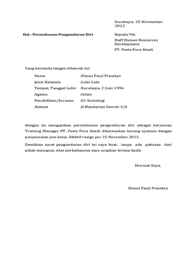 Surat Pengunduran Diri Gacoan Dimas Panji Prasetya | PDF