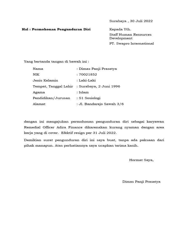 Surat Pengunduran Diri Dimas Panji Prasetya | PDF