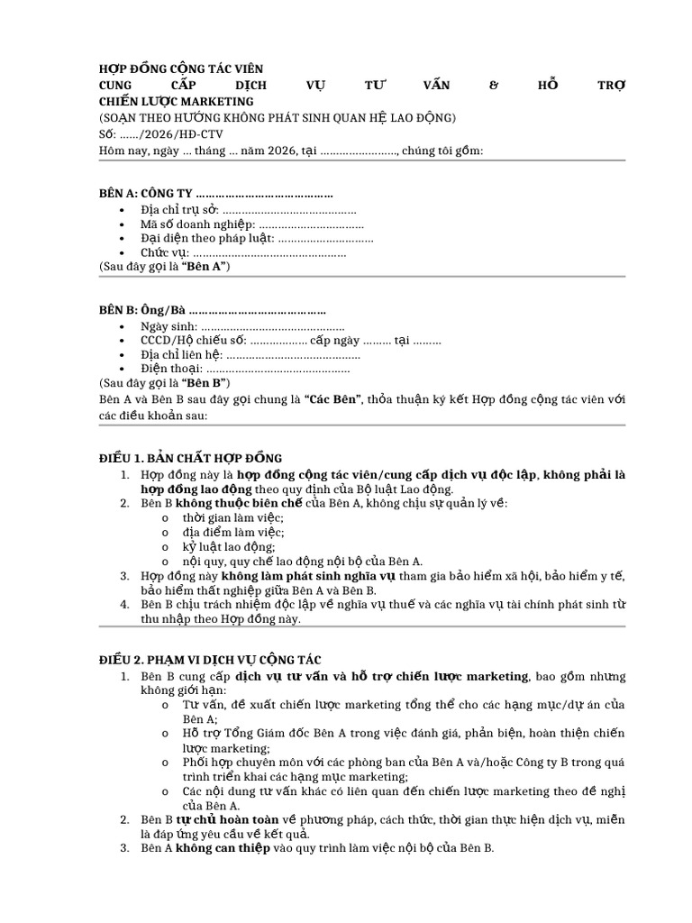 Hop Dong Cong Tac Vien Chien Luoc Marketing | PDF
