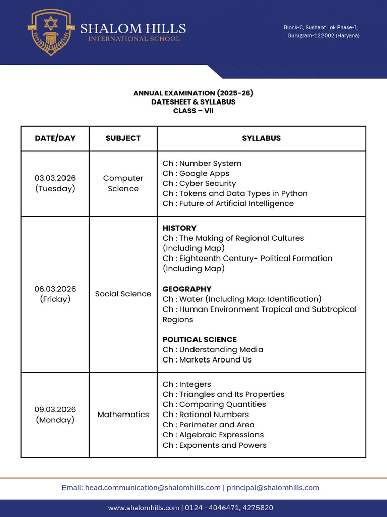 1767245132811 Class VII Annual Examination Datesheet and Syllabus 1 | PDF