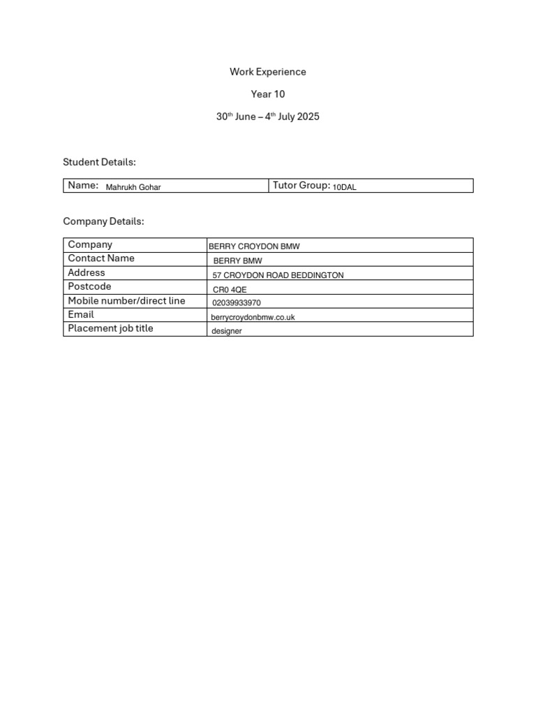 Initial Placement Work Experience Form | PDF