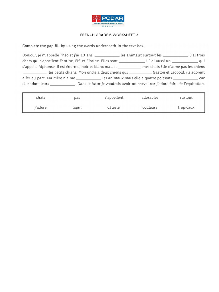 Grade 6 French June Worksheet 3 | PDF