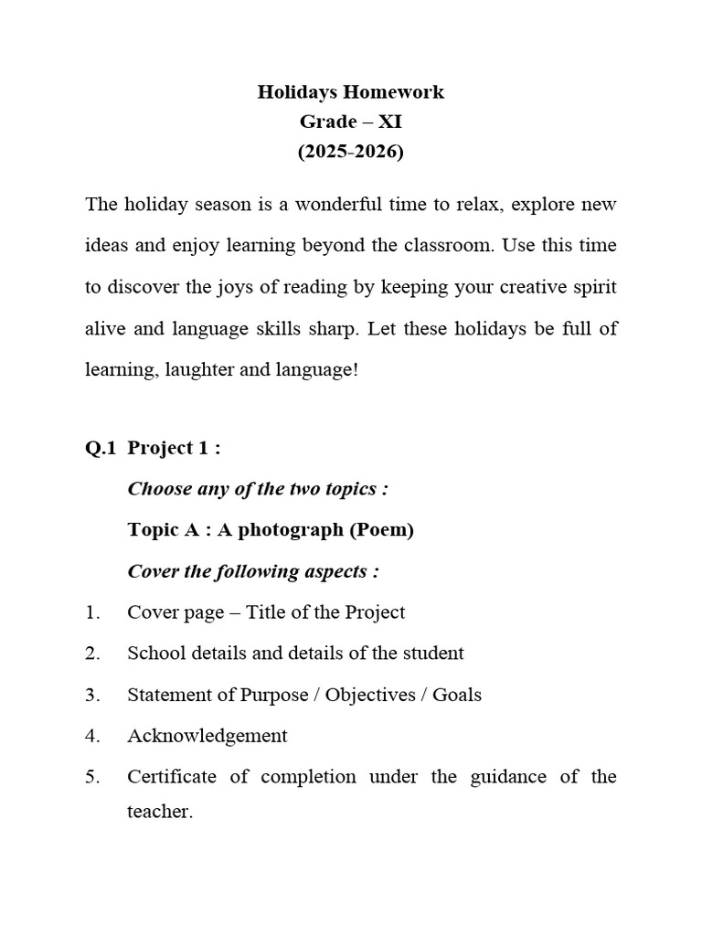 Holidays Homework CLASS XI | PDF