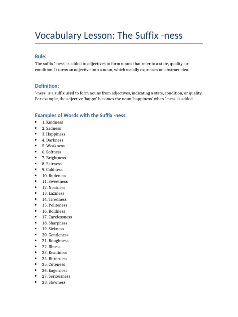 Vocabulary Lesson Suffix Ness | PDF