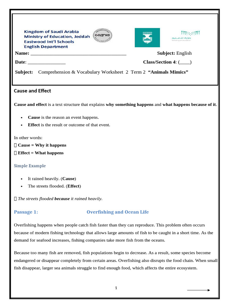 Vocabulary & Comprehension Worksheet - Animals Mimics 2 | PDF ...