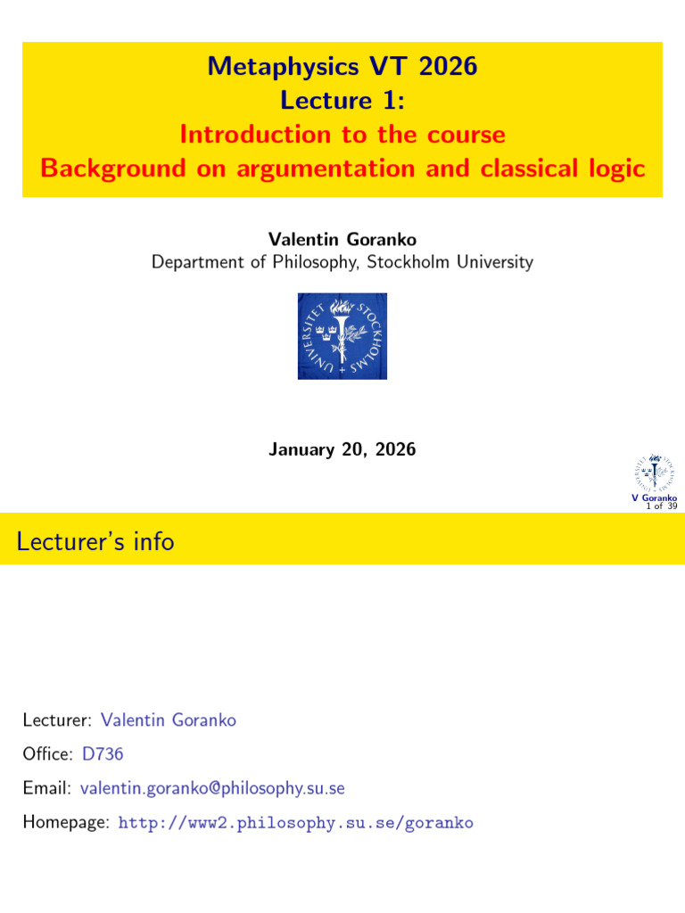 Metaphysics VT 2026 Lecture 1 - Trans | PDF | Logic | Argument