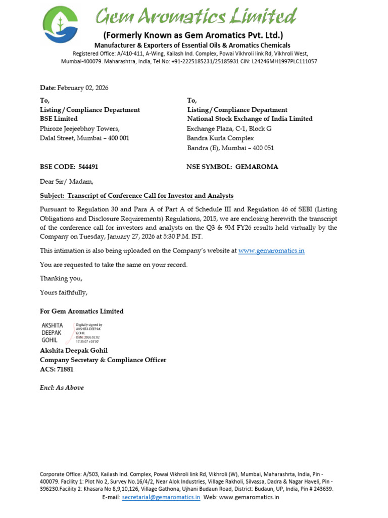 (Formerly Known As Gem Aromatics Pvt. LTD.) : Manufacturer & Exporters ...