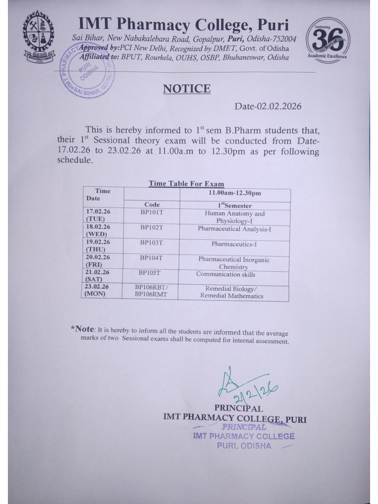 Internal Exam Notice 1st Sem 2026 | PDF
