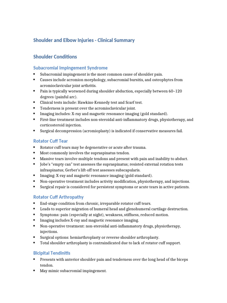 Shoulder_and_Elbow_Injuries_Clinical_Summary | PDF | Shoulder | Elbow