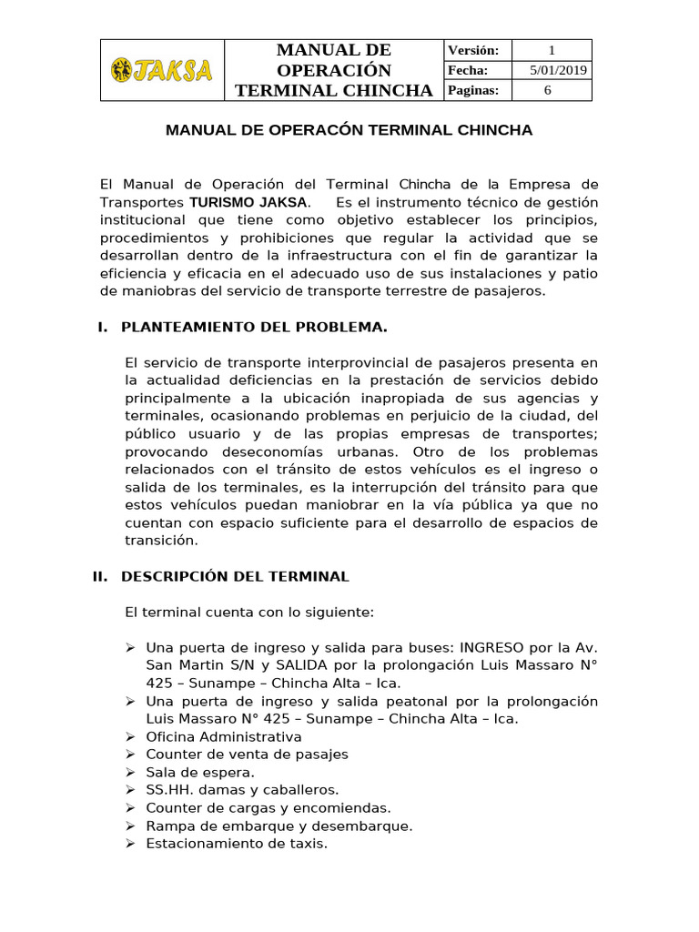 Manual de Operacion Del Terminal Chincha | PDF | Transporte | Estrés ...